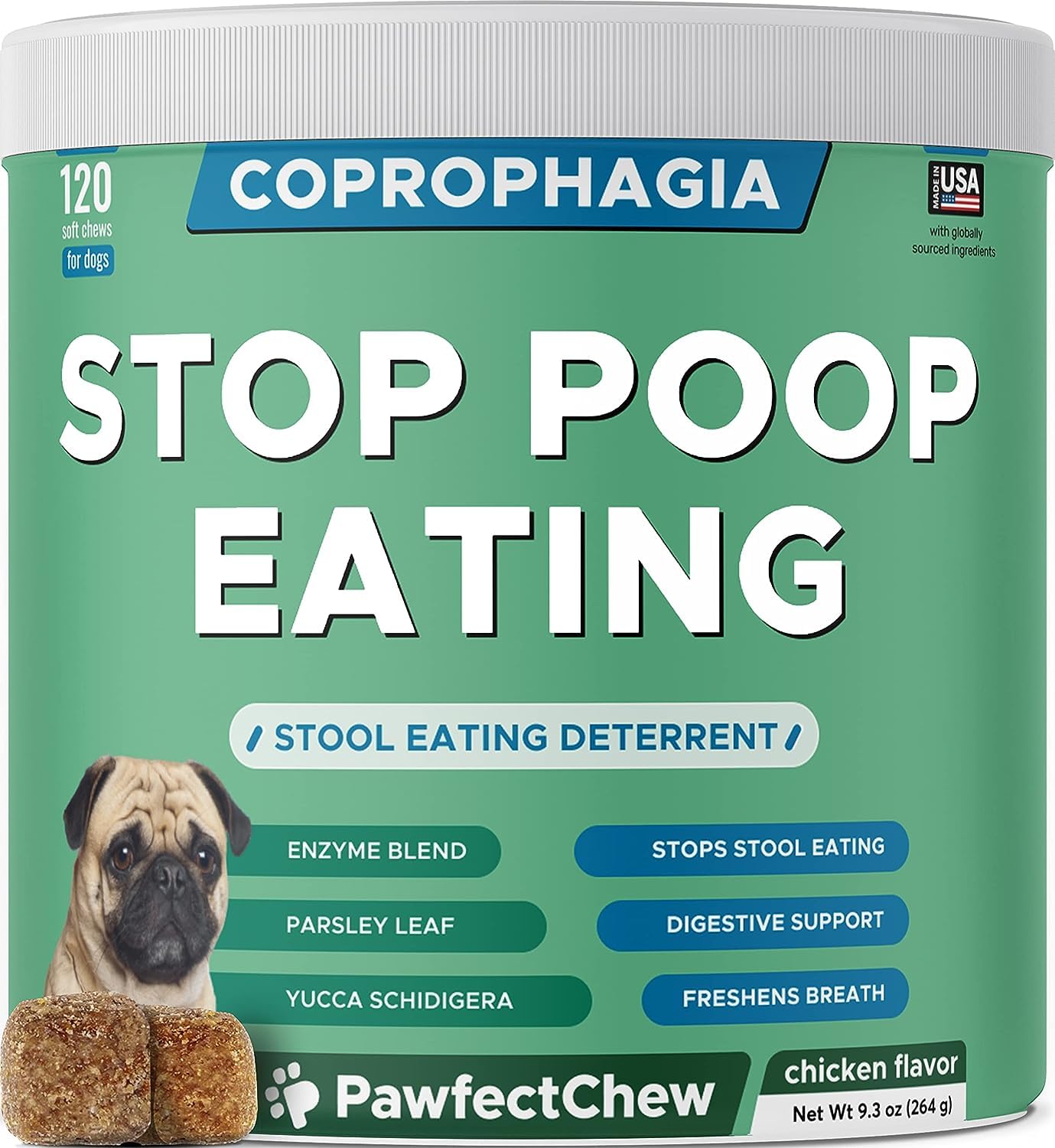 PAWFECTCHEW No Poop Eating for Dogs - Stop and Prevent Coprophagia - Dog Poop Eating Deterrent & Prevention - Digestive Enzymes + Probiotics for Gut Health - Breath Freshener - 120 Chews