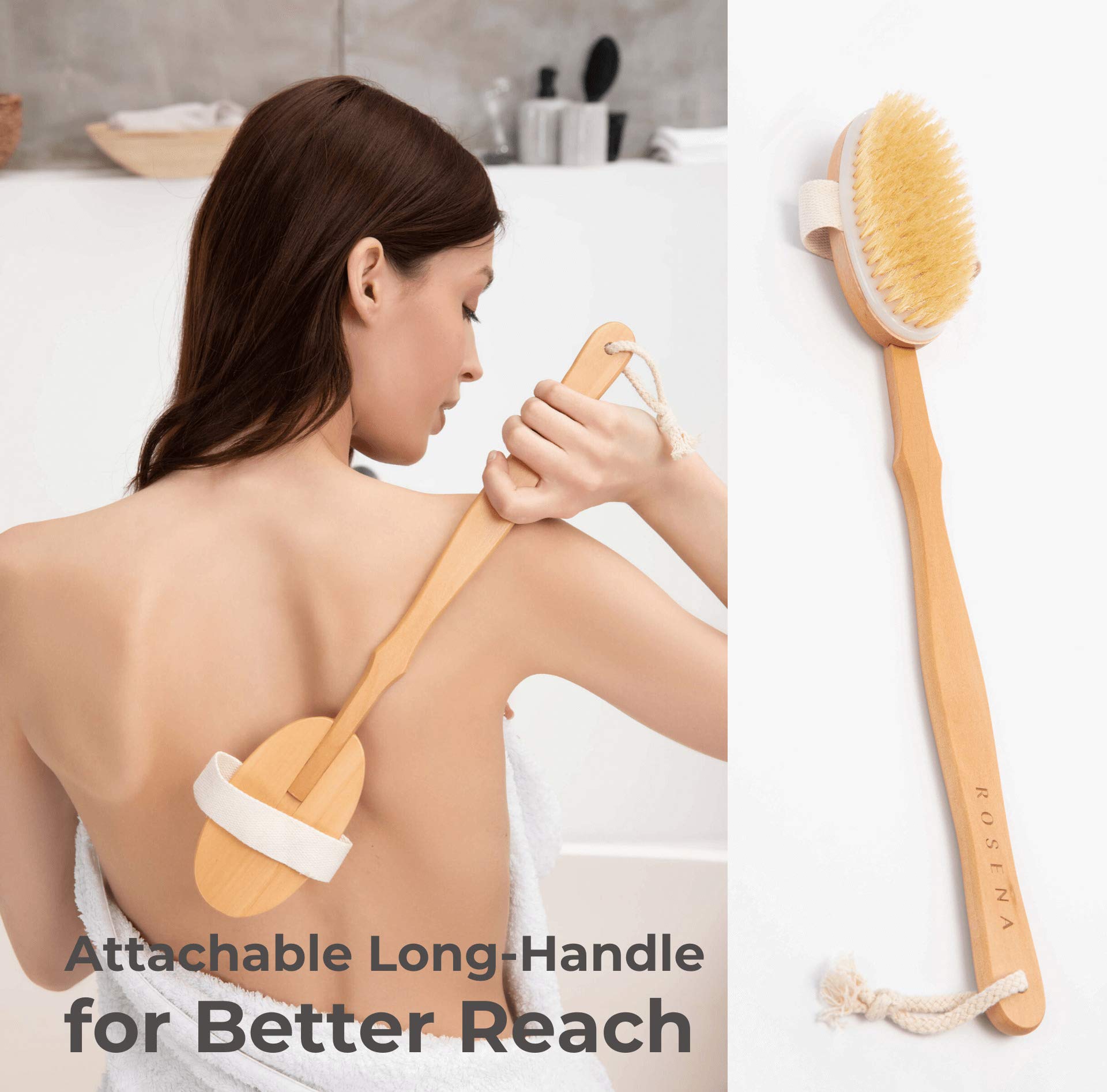 Dry Brushing Body Brush Set – Natural Bristle Spa Exfoliator Kit with Face Cleansing Brush, Long Dry Brushing Body Brush for Lymphatic Drainage & Massaging Cellulite Brush for Smooth, Radiant Skin