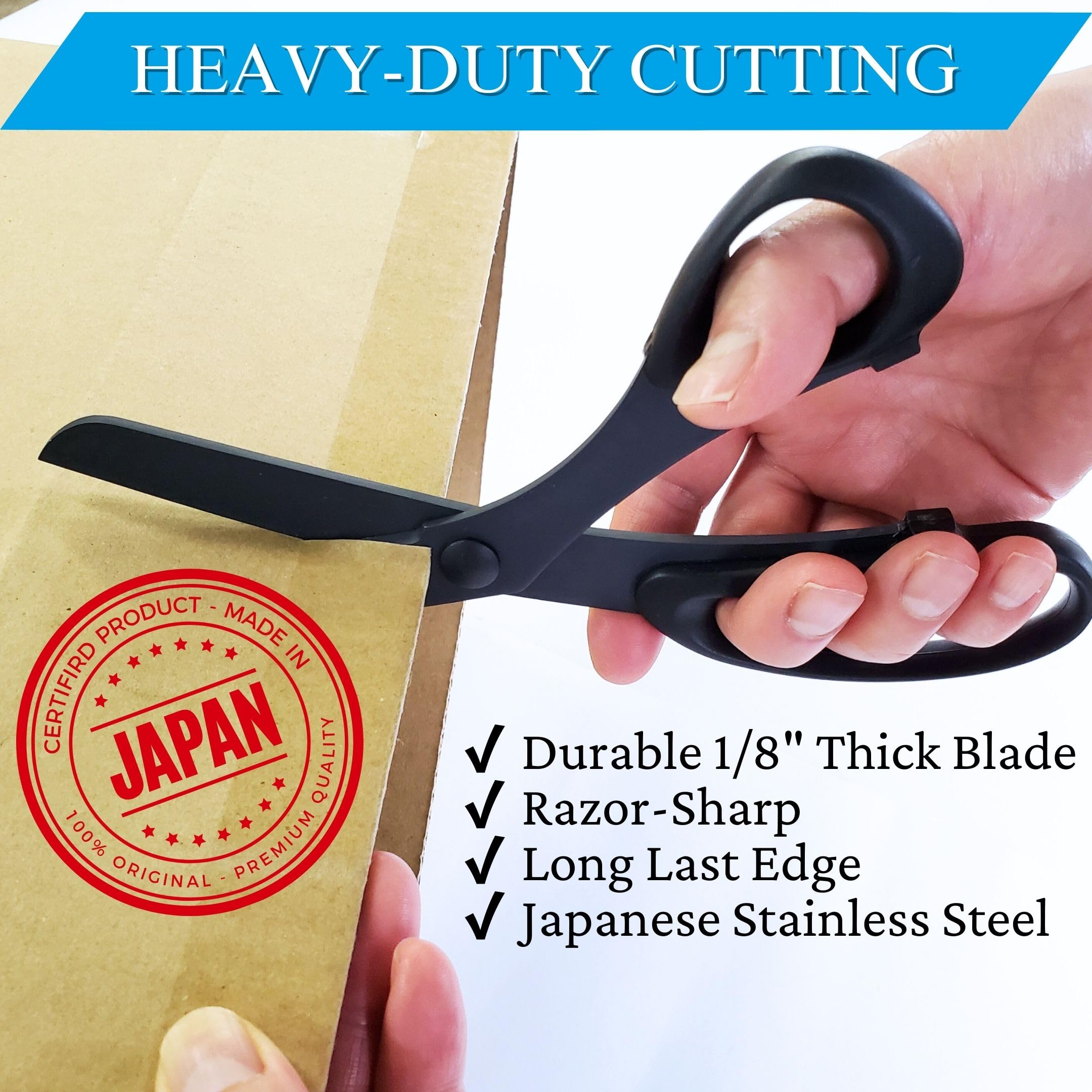 ALLEX Cardboard Scissors Heavy Duty [Non-Stick] 8" Large Craft Scissors, Japanese Stainless Steel Blade, Black, Made in JAPAN