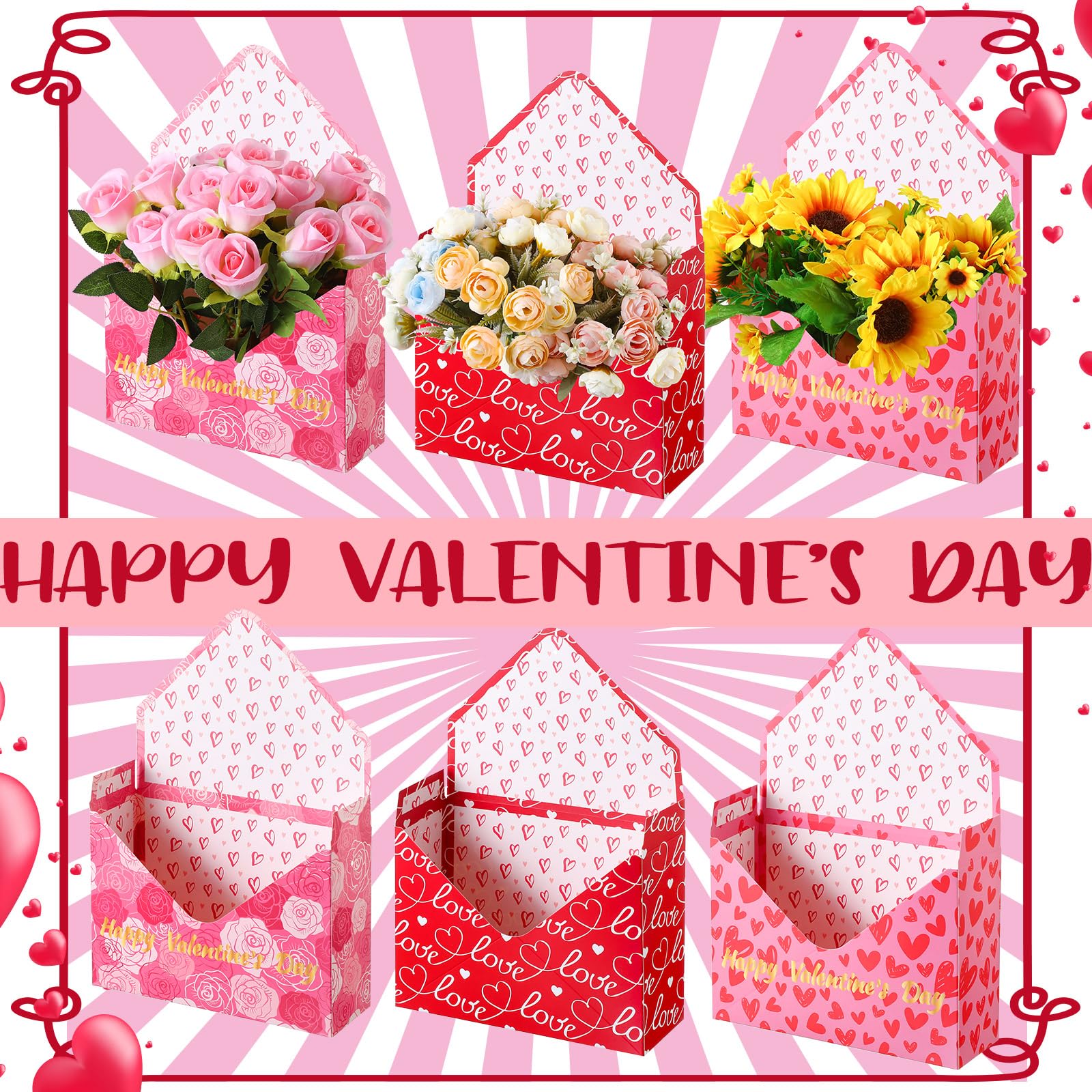 Noveread 18 Pcs Valentine's Day Flower Boxes for Arrangements Floral Envelope Boxes Bouquet Box 9 x 13 x 3 Inch 3 Styles Flower Arrangement Paper Box Valentine's Day for Wedding Party Valentine's Day