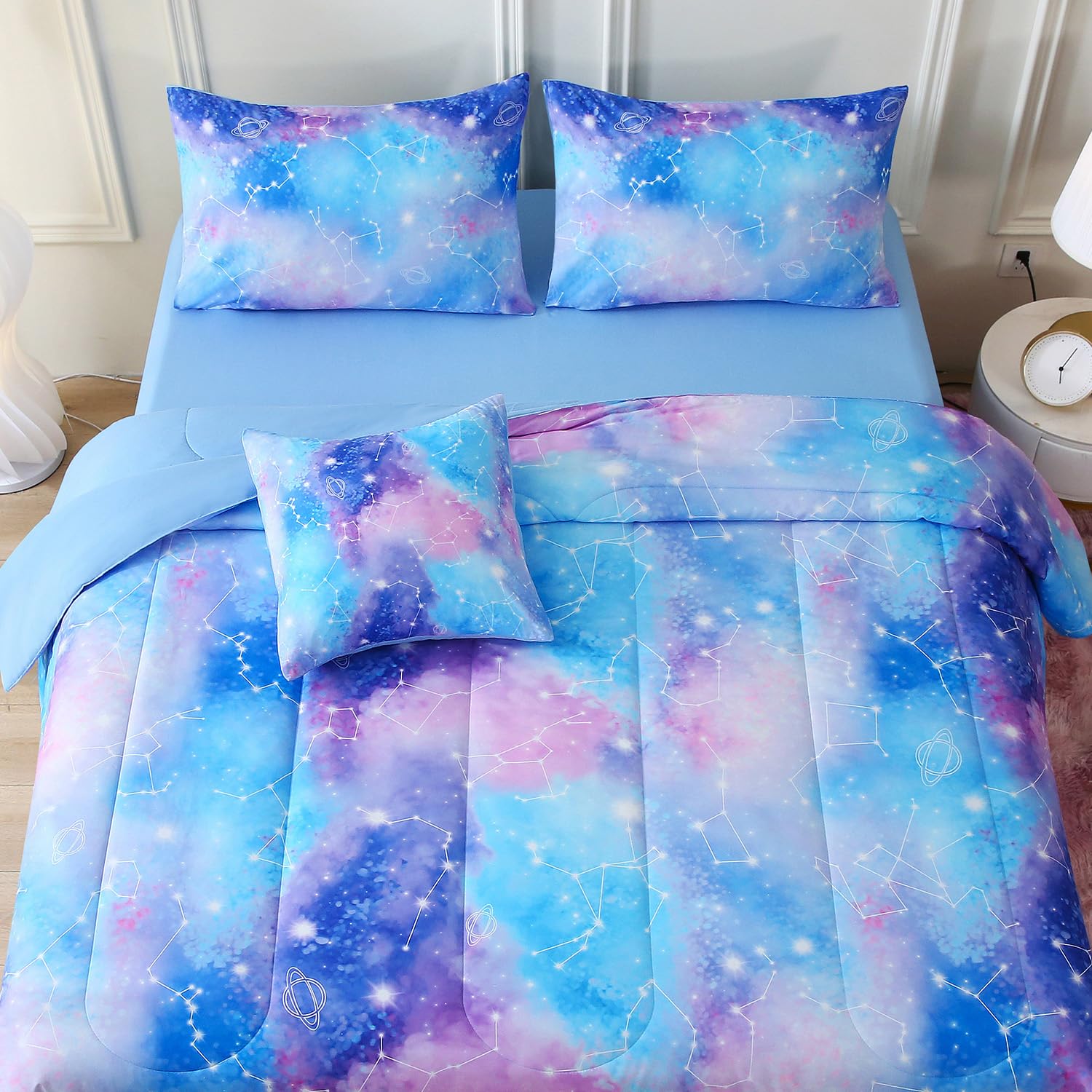 Keyroal Galaxy Constellation Print Comforter Set Twin Size Girls Gradient Bedding Set,6 Piece Bed in a Bag with Sheet Bedding Gift for Kids(Blue)