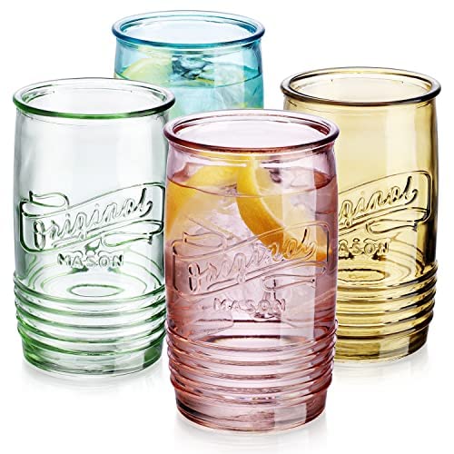 Glaver's Set Of 4 Original Mason Collins Glasses Assorted Colored Drinking Glasses For Juice, Cocktails, Beverage Glass Cups, Hand Wash! (Original Mason Colored 20 OZ)