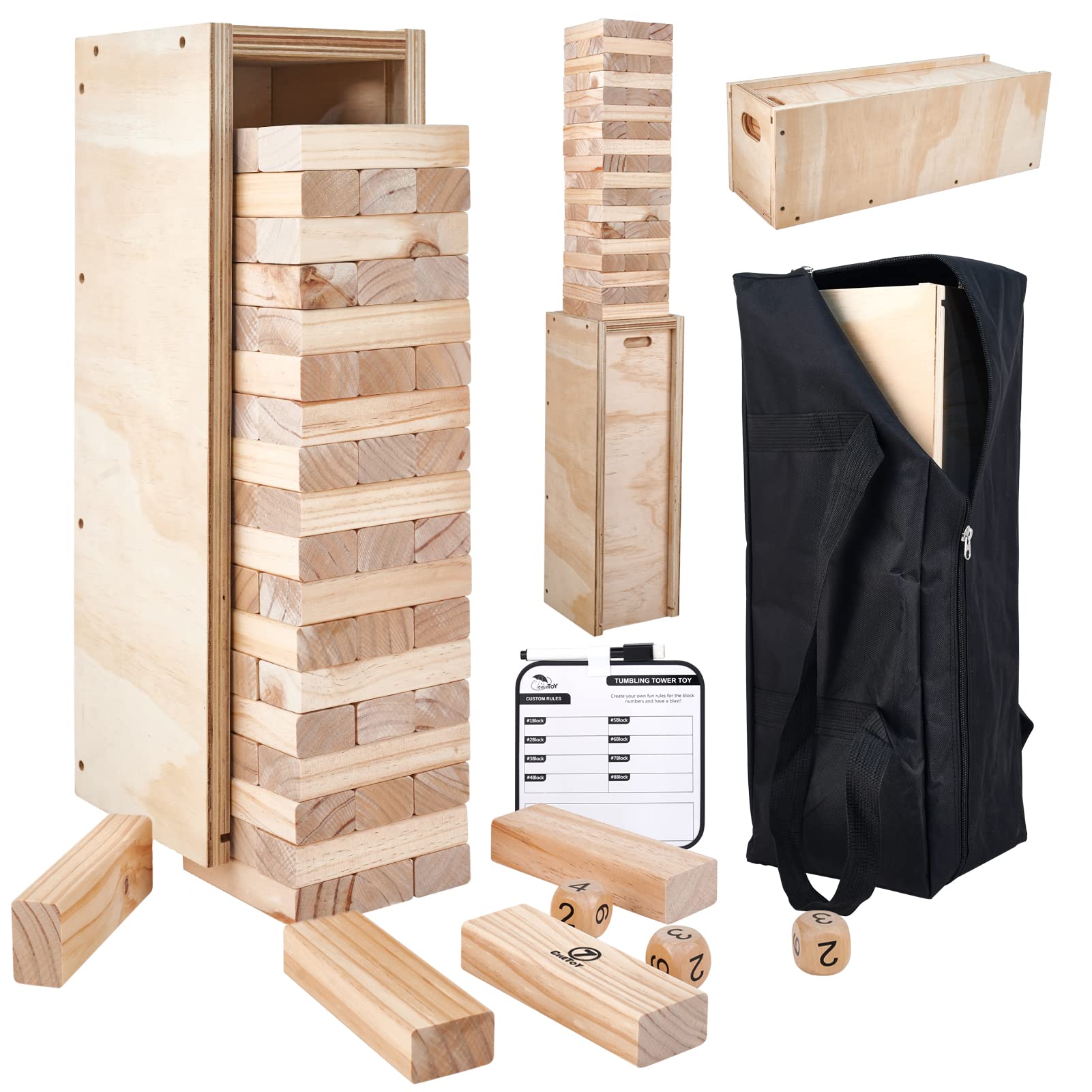 CELETOY Giant Tower Game with 3-in-1 Straightener, Quick Set-up Block Wooden Tower Game Set with Carrying Bag, Table & Storage Box - Starts at 2-4ft - Grows to Over 6ft, Lawn Games Backyard Outdoor