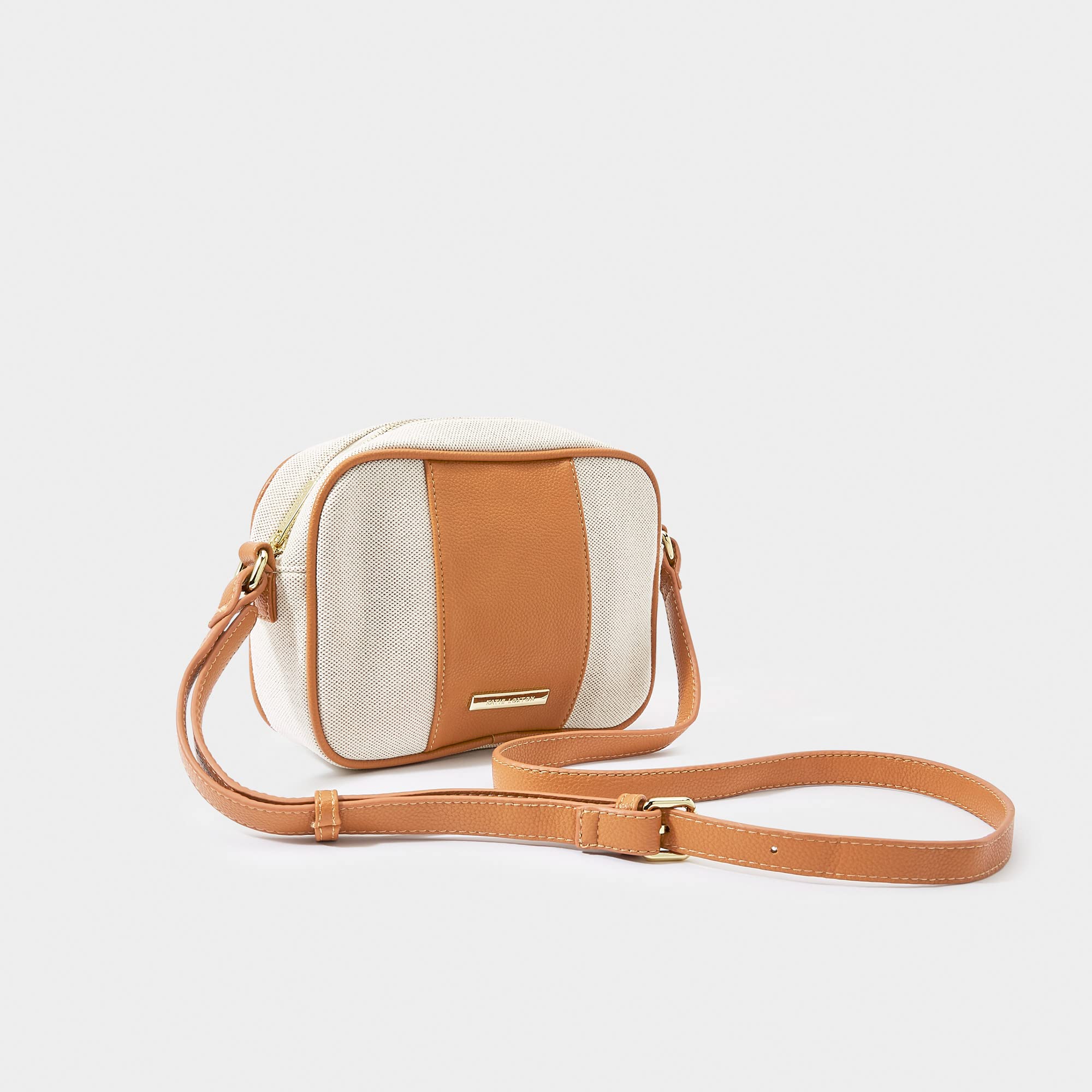 KATIE LOXTON Amalfi Womens Medium Canvas and Vegan Leather Adjustable Strap Crossbody Handbag Purse Cream and Brown