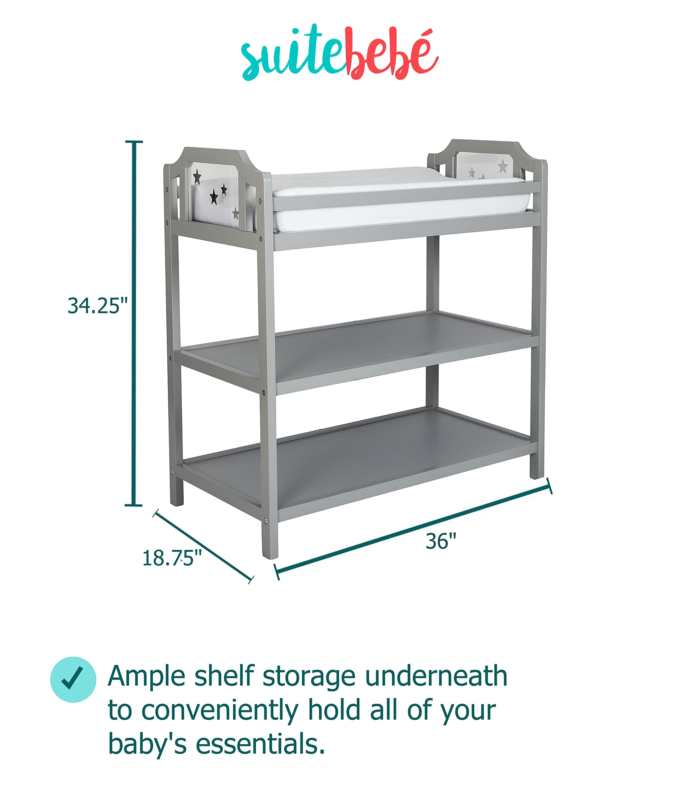 Suite Bebe Celeste Changing Table Safety Rail Included, Light Grey