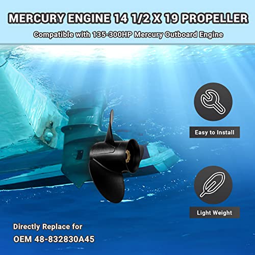 Ceosiner Outboard Propeller 14 1/2 x 19 Pitch 48-832830A45 OEM-Grade Aluminum Boat Outboard Moto Propeller for Mercury135-300HP|Mercruiser|Alpha One,15 Spline Tooth,RH,Hub Kits Included