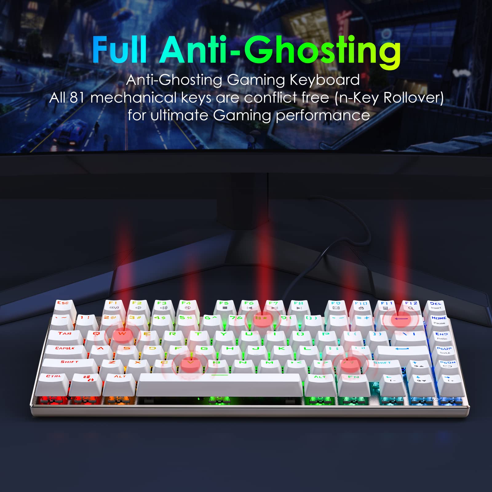 HUO JI E-Yooso Z-88 RGB Mechanical Gaming Keyboard, Metal Panel, Blue Switches - Clicky, Compact 81 Keys Hot Swappable for Mac, PC, Silver and White