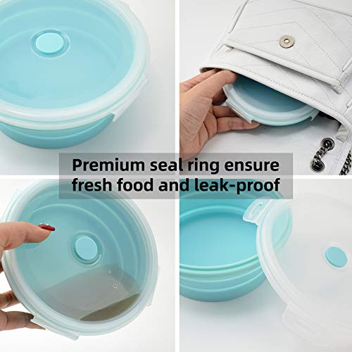 Cvwjz Silicone Collapsible Food Storage Containers,Set of 4 Round Folding Silicone Lunch Box,Microwave and Freezer Safe (Blue)