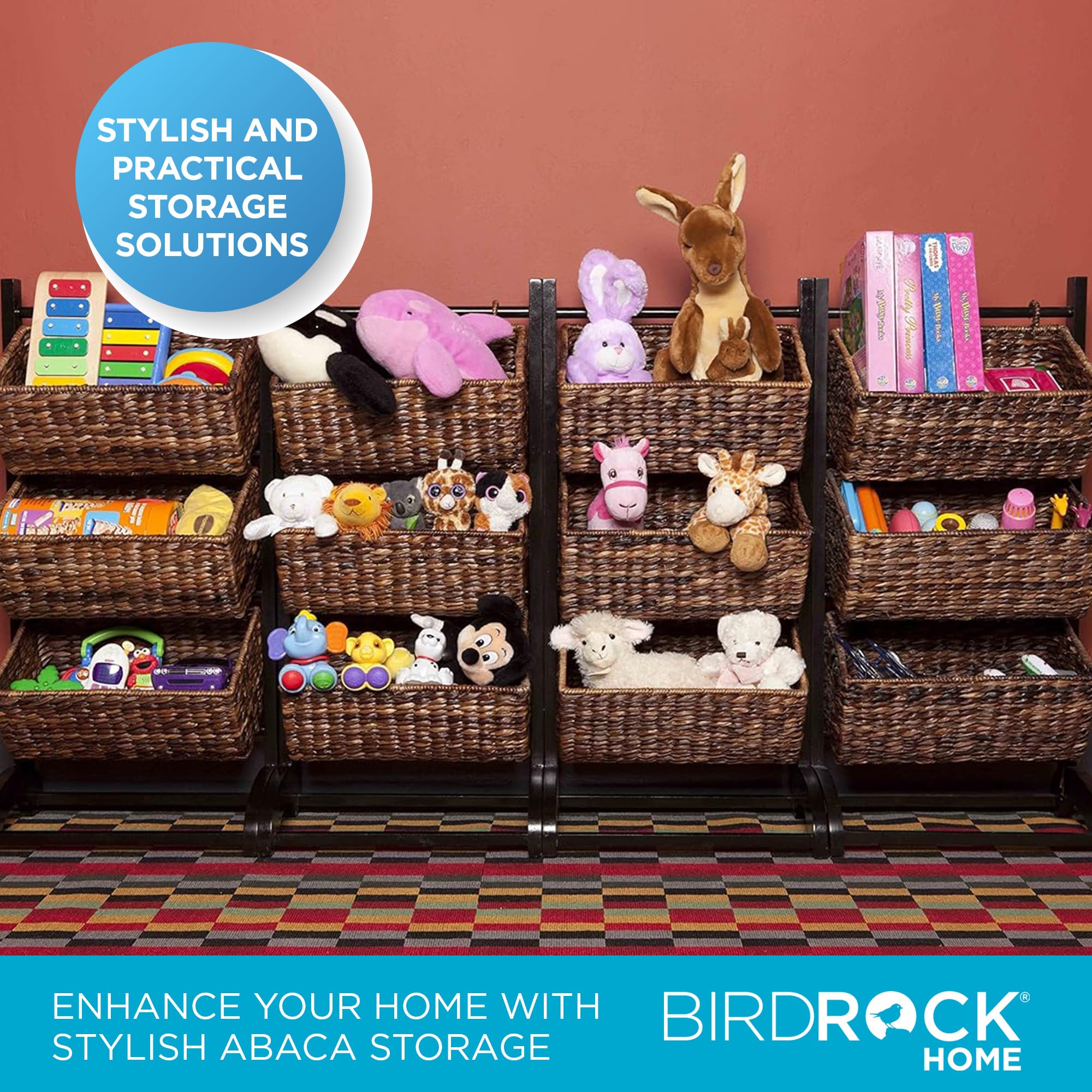 BIRDROCK HOME 3-Tier Abaca Storage Organizer Shelf with Solid Wood Frame - Durable Handwoven Abaca Fiber Baskets - Ideal for Organizing Living Rooms, Bedrooms, or Kitchens - Brown Wash, Espresso