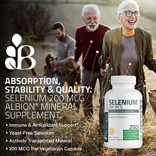 Bronson Selenium 200 mcg for Immune System, Thyroid, Prostate and Heart Health โ Yeast Free Chelated Amino Acid Complex - Essential Trace Mineral with Superior Absorption, 100 Vegetarian Capsules