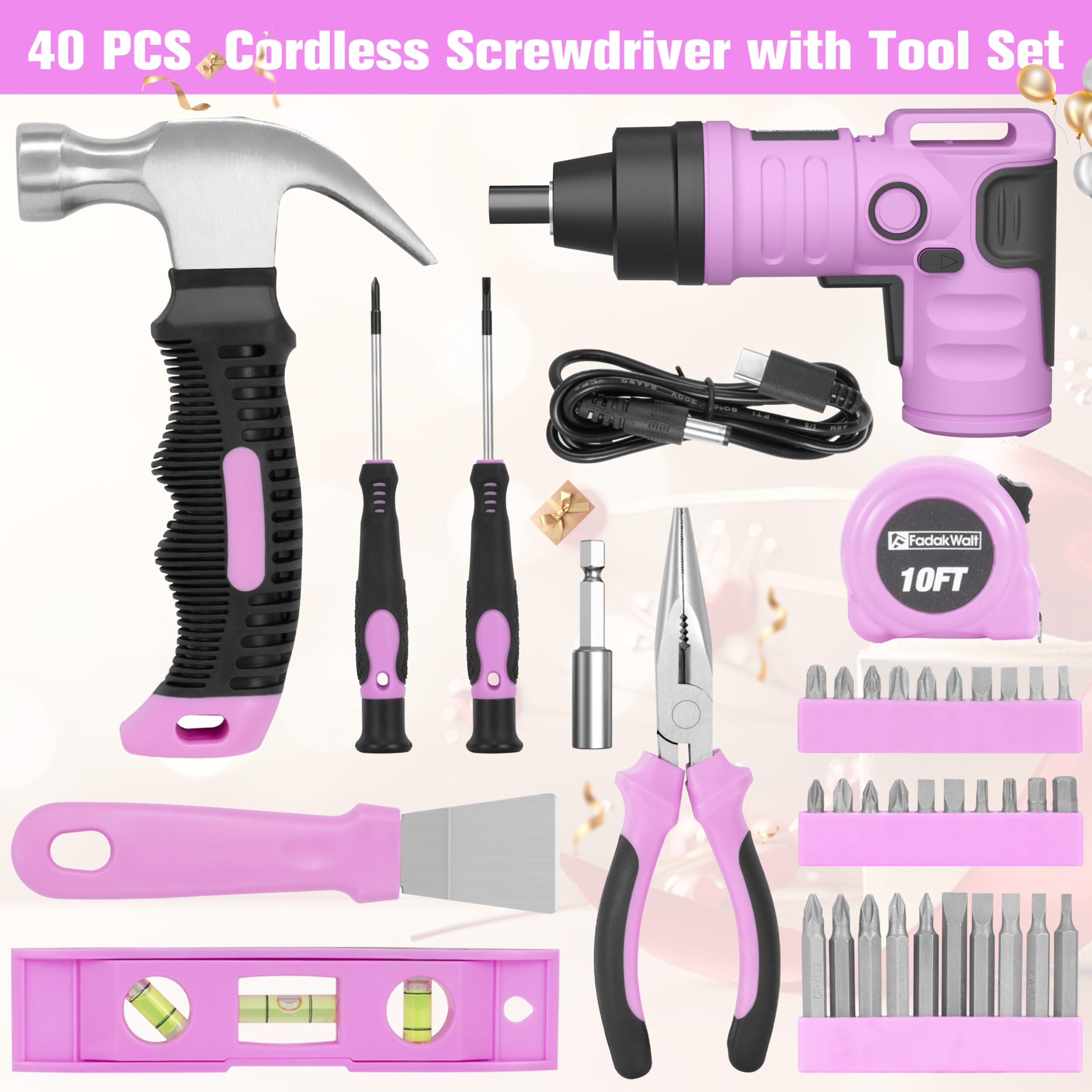 FADAKWALT 40pcs Electric Screwdriver kit with 3.6V USB Electric Screwdriver and drill set, Complete general tool set cordless screwdriver set Rechargeable for Home with Storage Toolbox