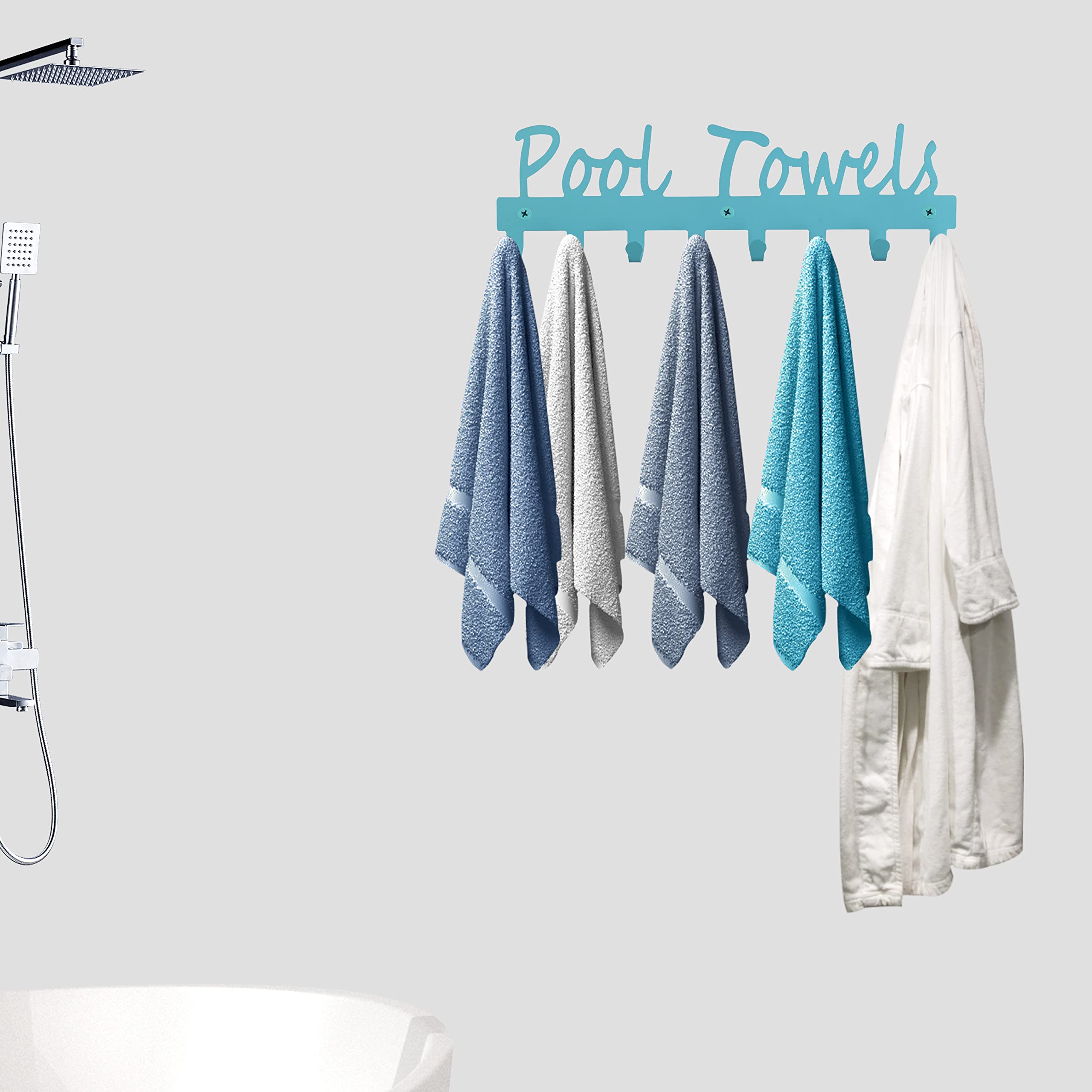 Pool Towel Rack for Bathroom Wall Mount Towel Hooks Towel Holder Carbon Steel Hanger Organizer Indoor Outdoor for Robe, Towel, Coat, Swimsuit, Umbrella, Bag, Keys(Blue)