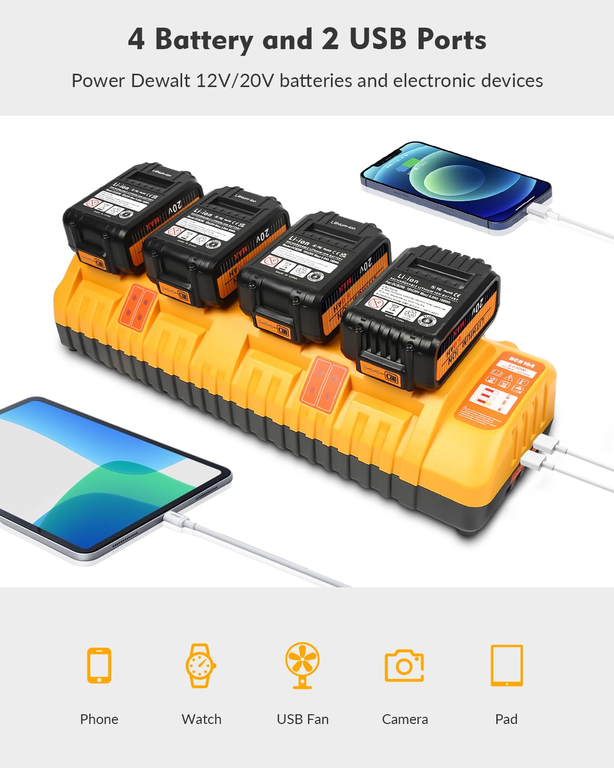 Amityke DCB104 Battery Charger, Replacement for Dewalt Battery Charger Station 4-Port Multi Charger with 2 USB Ports Compatible with 12V/20V/60V Dewalt Max Batteries DCB124 DCB126 DCB200 DCB205