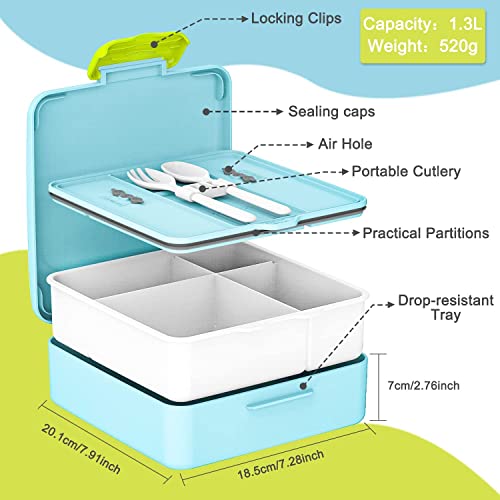 Bento Lunch Box for Kids, Dinosaur Lunch Box with 4 Compartment Bento,1300ml Lunch Containers with Sauce Jar, Spoon&Fork, Durable, Leak Proof, Dishwasher Safe, BPA-Free and Food-Safe Materials (Blue)