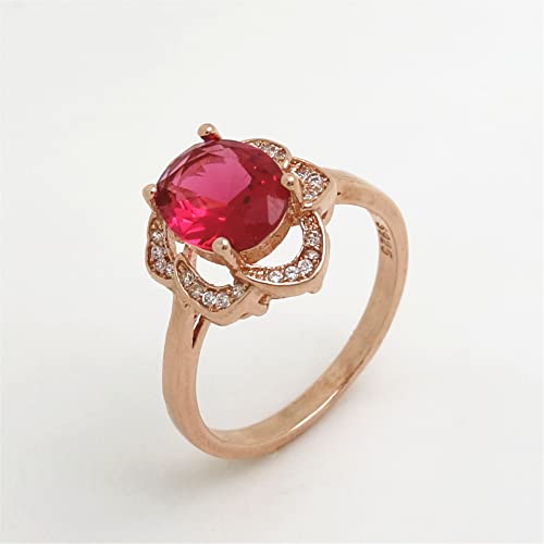 925 Silver Color Treasure Natural Rubellite Women's Ring Diamond Cluster Rings Rose Plated 18K Gold Flower Shape Ring Ruby Bridal Round Cut Cubic Zirconia Engagement Wedding Ring 583 (Red)