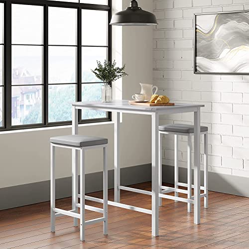 Bar Table Set for 2, White Faux Marbled 3-Piece Counter Height Breakfast Table with 2 Cushioned Stools, Small Dining Kitchen Table Set for Apartment