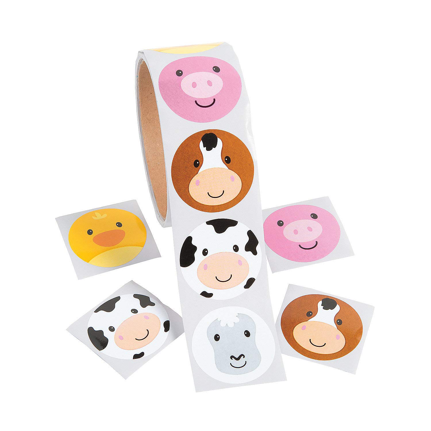 Face Farm Animal Stickers, 1 Roll with 100 Stickers - Party Favors and Classroom Handouts