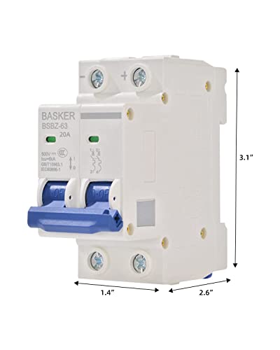 BASKER DC Circuit Breaker, 20Amp 2 Poles 500V Solar Disconnect Switch for Solar PV System Solar Panels Grid System, DIN Rail Mount, DC Breaker MCB (20A)