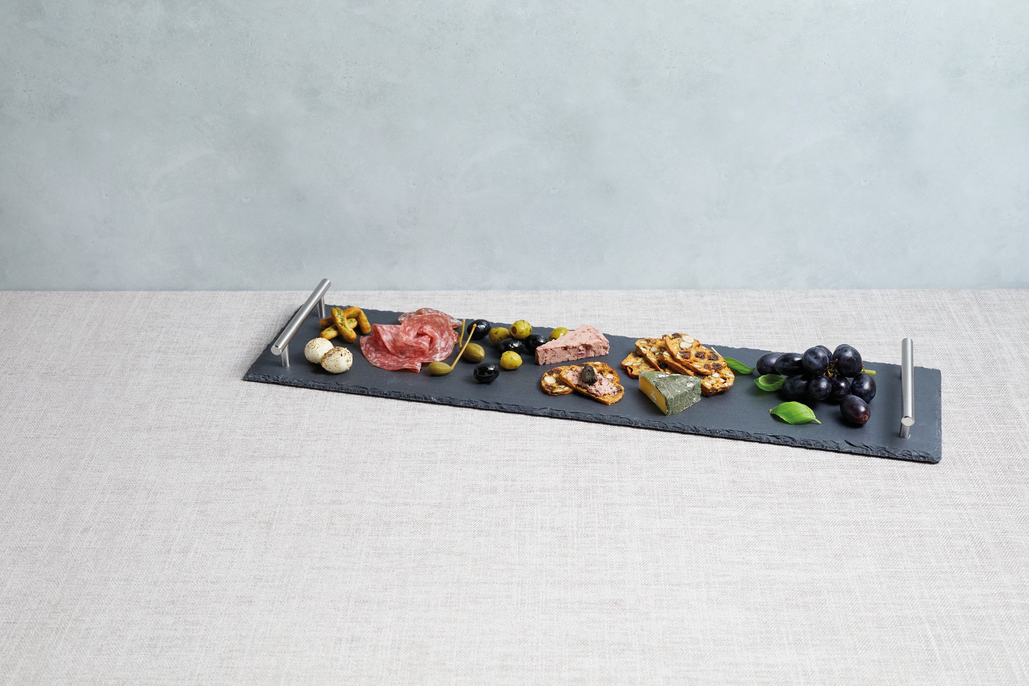 Artesa Tableware, Slate Serving Platter with Brushed Metal Handles, 60 x 15cm, with Gift Box