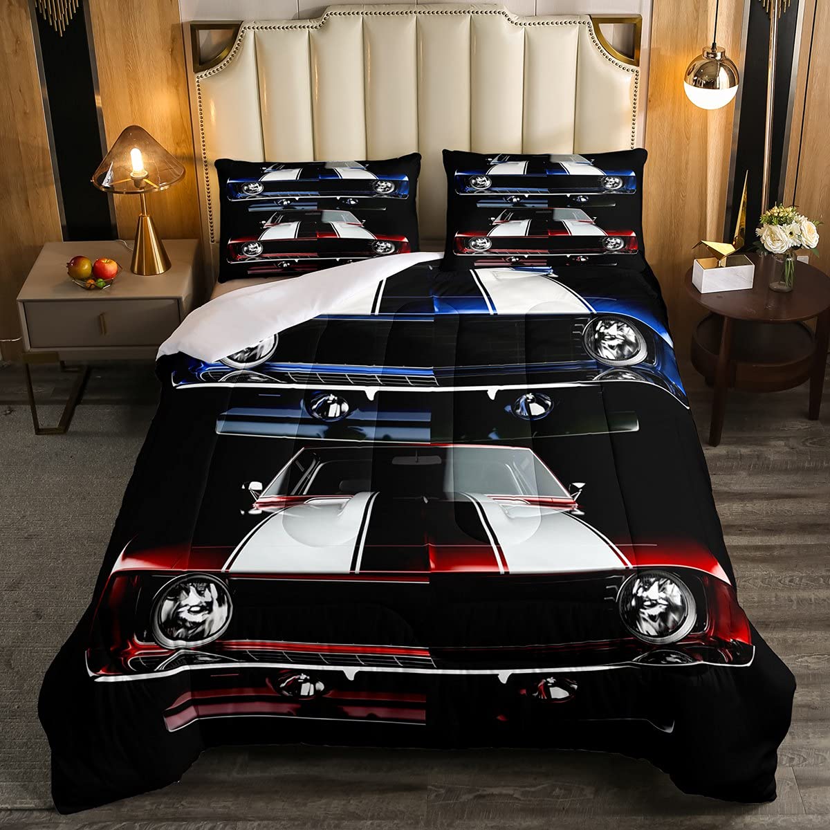 Classic Car Comforter Set Race Car Down Comforter Retro Old Vehicles Games Bedding Sets for Kids Boys Racing Automobile Quilt Set Car Theme Bedroom Decor with 1 Comforter and 2 Pillow Cases Queen Size
