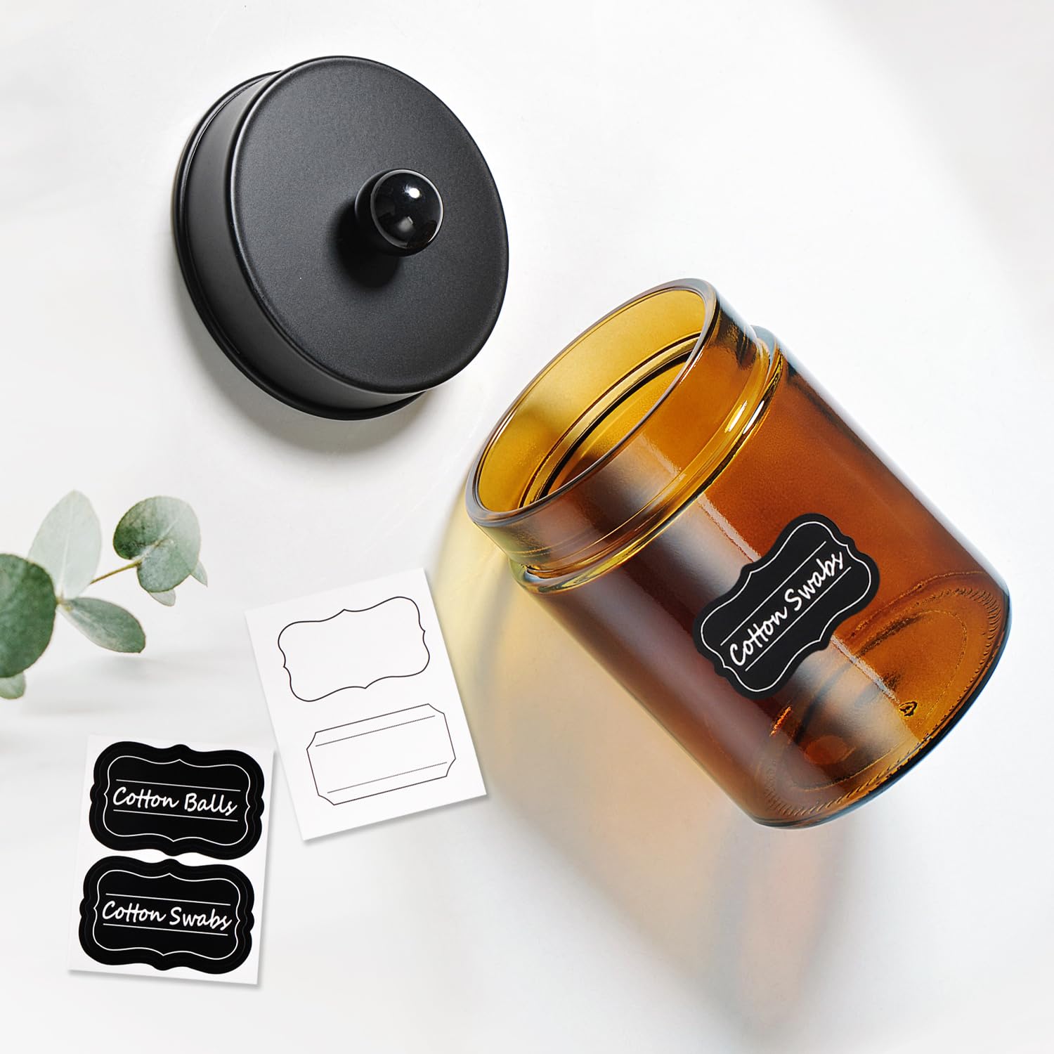 Amolliar Amber Glass Qtip Holder, Apothecary Jars with Matte Black Metal Lid & Stickers-Bathroom Qtip Dispenser Storage Organizer Set,Vanity Counter Canister for Cotton Swabs,Round Pads,Floss (2 Pack)