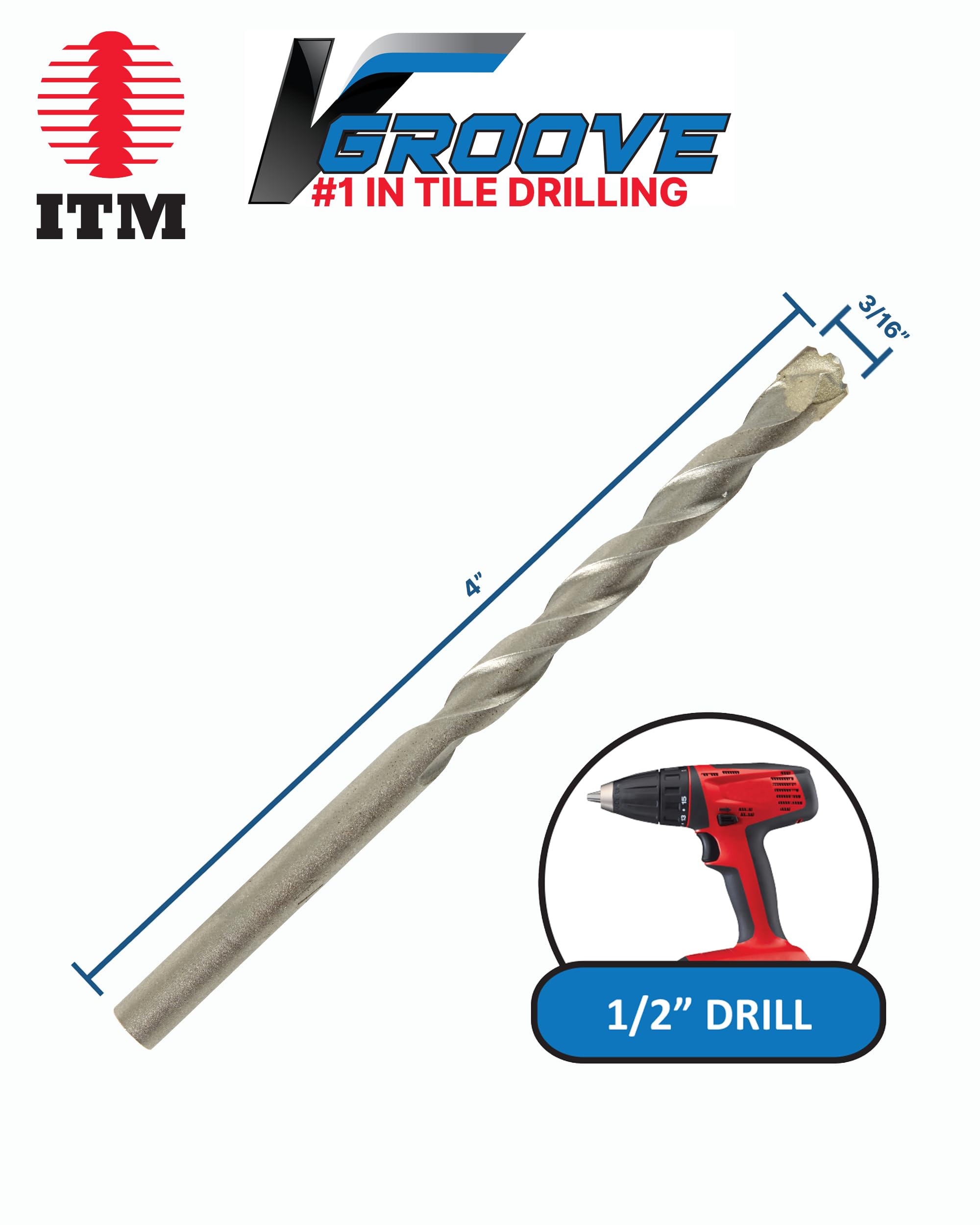 ITM V-GROOVE - VG-4002B - 3/16" X 4" - 25 Pack - Porcelain Tile Drill Bits - Carbide Tipped Drill Bits for Porcelain, Ceramic, Marble, Stone and Glass Tile
