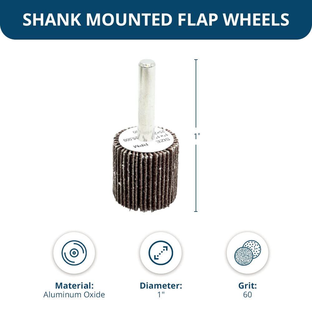 Benchmark Abrasives Aluminum Oxide 1 Inch Flap Wheel - 1โ Length 1/4" Shank Mounted Sander for Deburring, Sanding, Grinding, Paint Removal - Polishing Wheel for Drill & Grinder (10 Pack) - 60 Grit