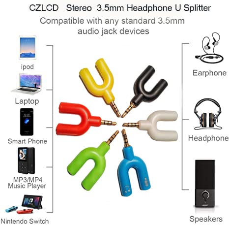 CZLCD 6Pack Multicolour 3.5mm Headphone U Splitter, 3.5mm Male to Dual Female Stereo Jack Adapter Converter for Audio Stereo Headphones and MIC