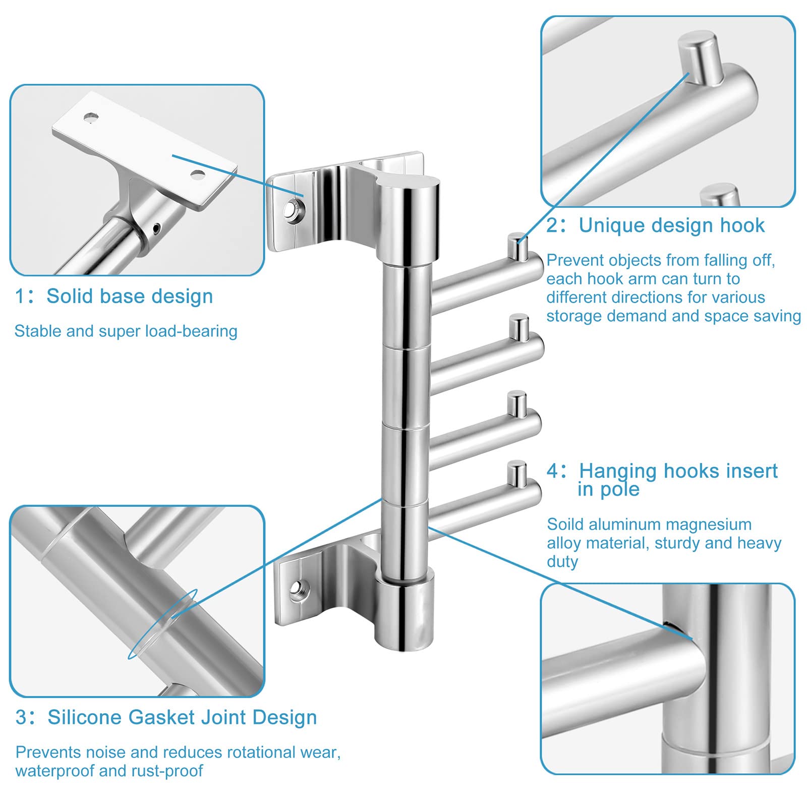 BAMTALK Swivel Towel Hooks Wall Coat Rack with 4 Swivel Arms, Towel Hooks for Bathrooms,Heavy Duty Wall Clothes Hooks, Swivel Coat Rack Hat Rack Wall Mount, Key Holder Hanger