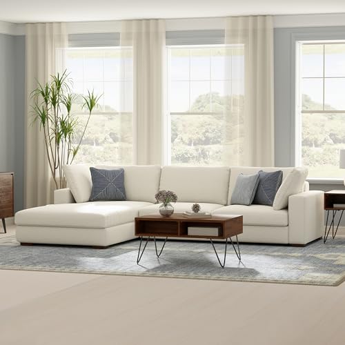 SIMPLIHOME Charlie Left-Facing Sectional Sofa in 100% Recycled Polyester Tightly Woven Performance Fabric, Cream, 122-inches Wide, Handcrafted Contemporary Style L-Shaped Couch with Chaise