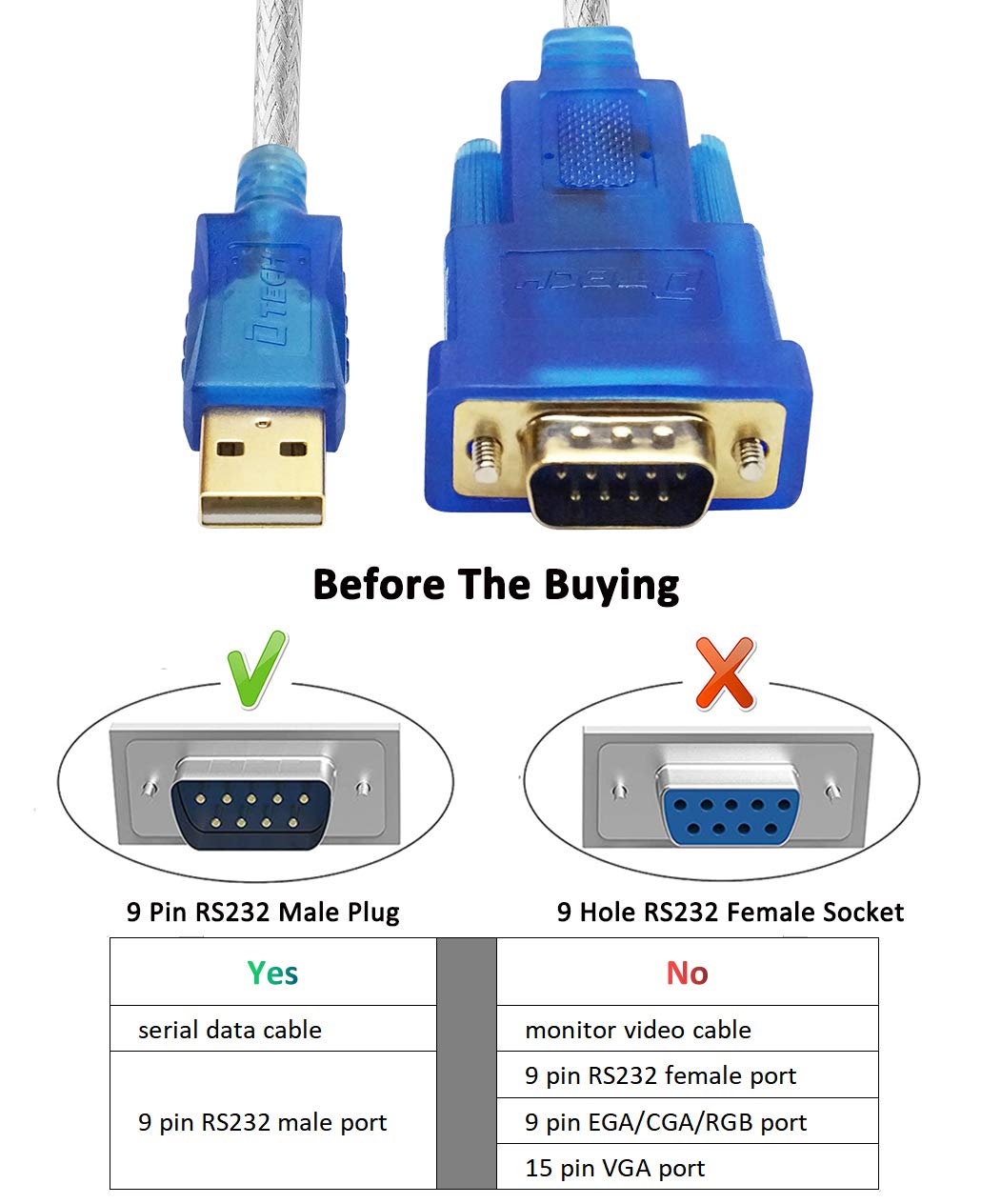 DTECH 10 Feet USB 2.0 to RS232 DB9 Serial Port Adapter Cable with FTDI Chipset Supports Windows 11 10 8 7 and Mac Linux