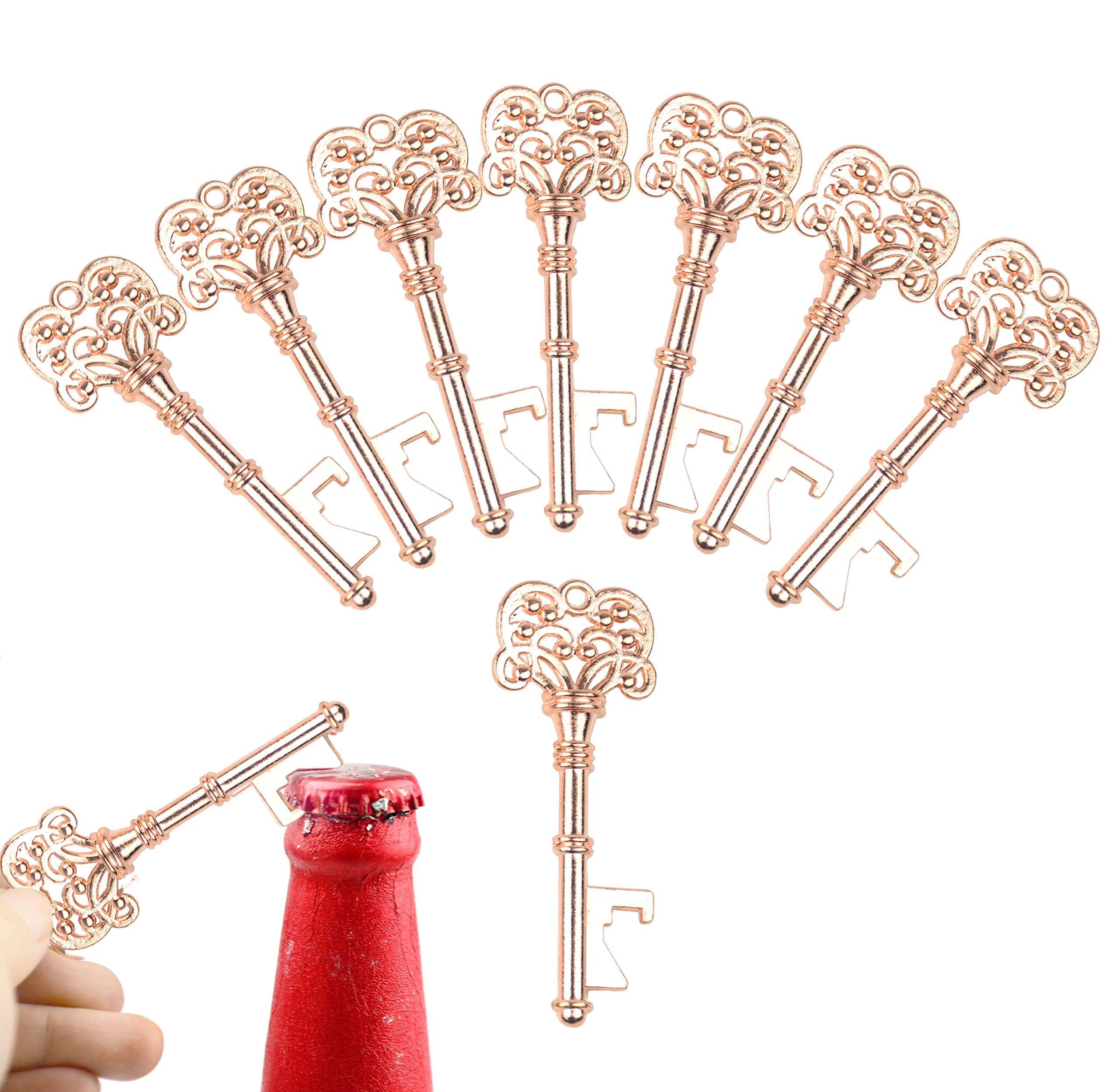 Aokbean 50 Sets Skeleton Key Bottle Openers with Candy Box Wedding Party Favors Souvenir for Guests Escort Gift Card and Ribbon (Rose Gold)