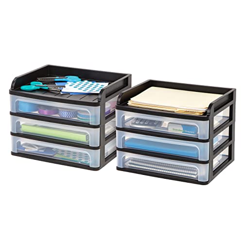 IRIS USA Medium 3-Drawer Desktop Organizer with Open Tray Top, 2 Pack, for Office, School, Stationary, Makeup Organizer, Bathroom, Utility, Medical Supplies, Desk Organizer, Versatile Storage, Black