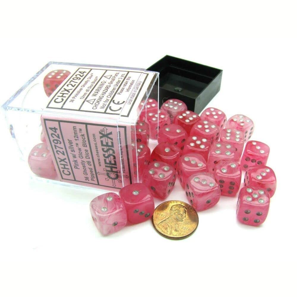 DND Dice Set-Chessex D&D Dice-12mm Ghostly Glow Pink and Silver Polyhedral Dice Set-Dungeons and Dragons Dice Includes 36 Dice â D6 (CHX27924)