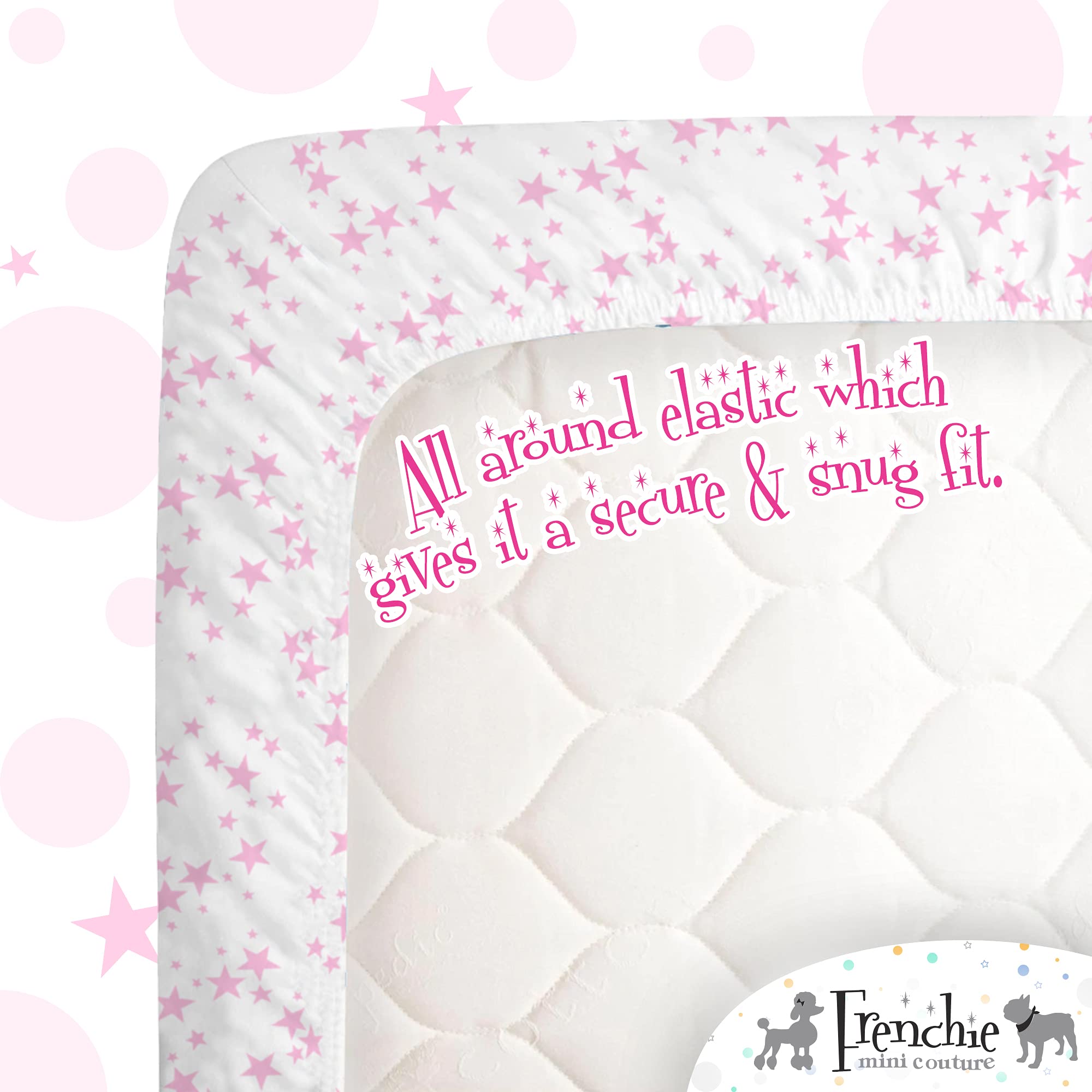 Frenchie Mini Couture Fitted Crib Sheets 100% Woven Cotton Fits Toddler Mattress, Pink Stars, 70 x 140 x 20cm, 2-Pack
