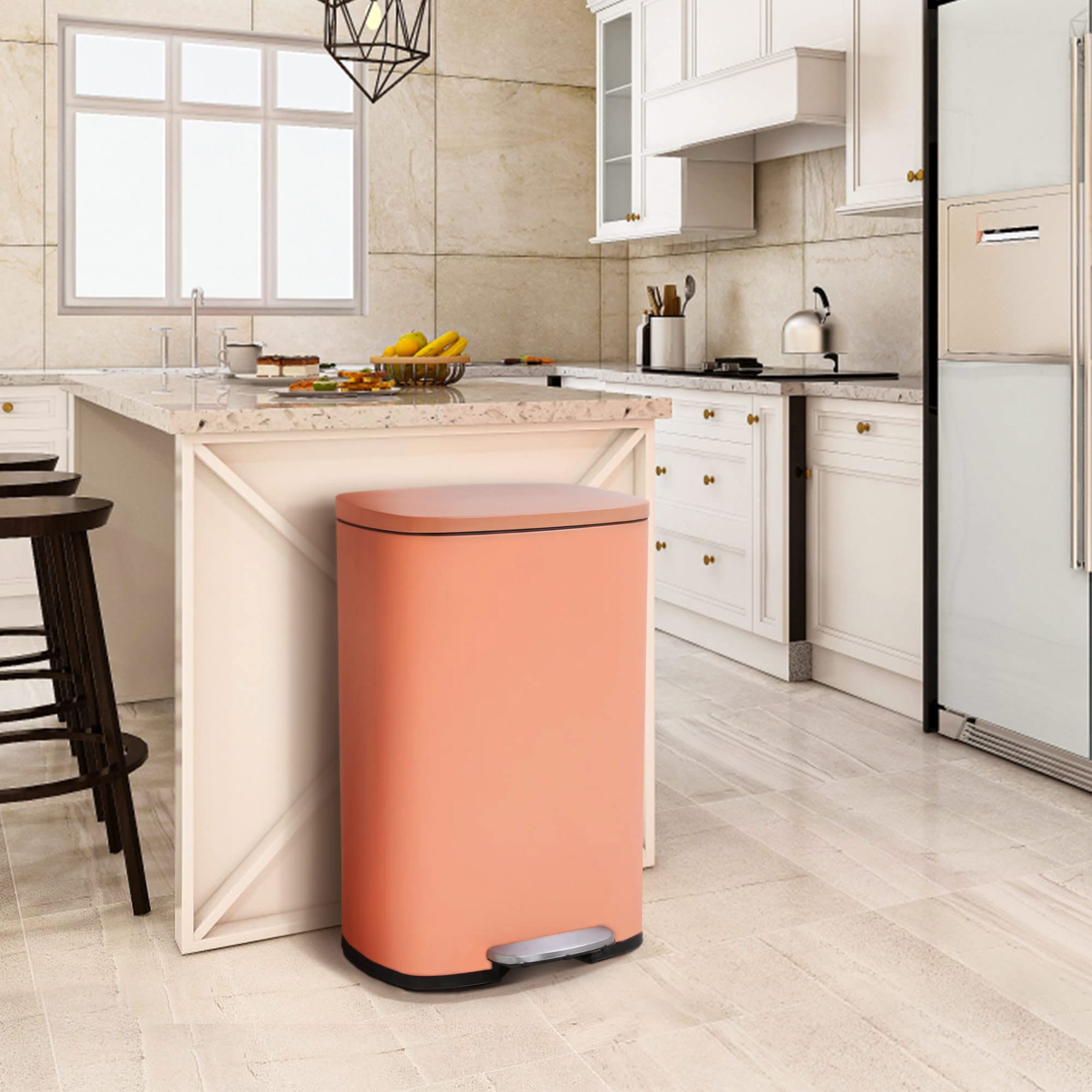 YIQIEDEY 13 Gallon Stainless Steel Touch Free Trash Can with Lid and Removable Inner Bucket, Pink, 50 Liters