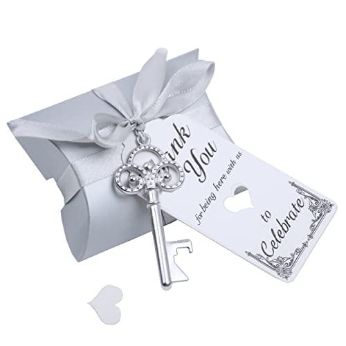 Aokbean 50pcs Skeleton Key Bottle Openers Wedding Party Favors Souvenir Gift Set for Guests Pillow Candy Box Escort Thank You Tag French Ribbon (Silver)