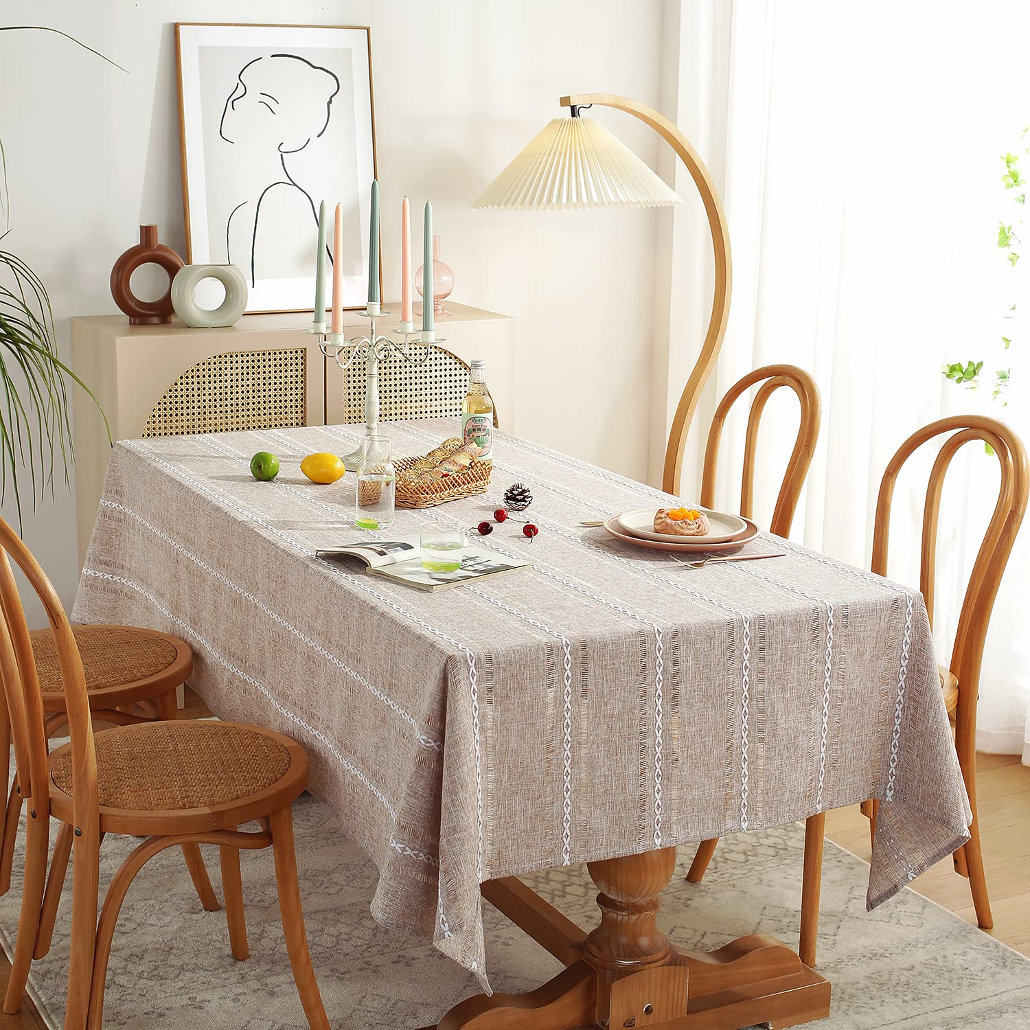 Chassic 60 x 120 inches Farmhouse Style Linen tablecloths, Wrinkle Resistant Washable Dining Room Table Cloths for 8 Foot Rectangle Tables - Hemstitch Light Coffee