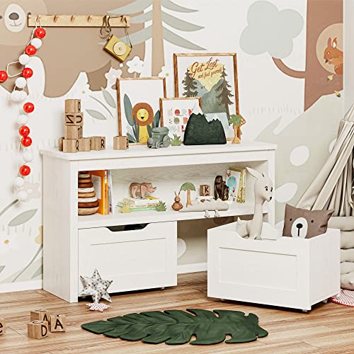 IRONCK Toy Storage Organizer for Boys and Girls with Drawers, Floor Toy Box with Wheels and Open Shelf, Storage Chest for Nursery, Playroom and Bedroom, White