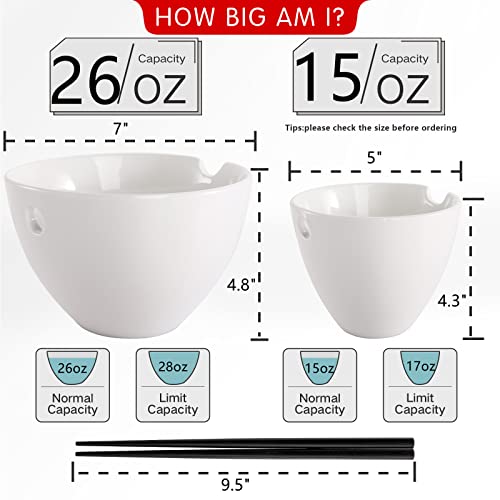 AVLA 2 Pack Porcelain Ramen Bowls, 15/26 OZ Japanese Udon Noodle Miso Bowls with Chopsticks, Deep Soup Bowl Set with Holes for Pho, Soba, Dipping Dishes, Dishwasher and Microwave Safe