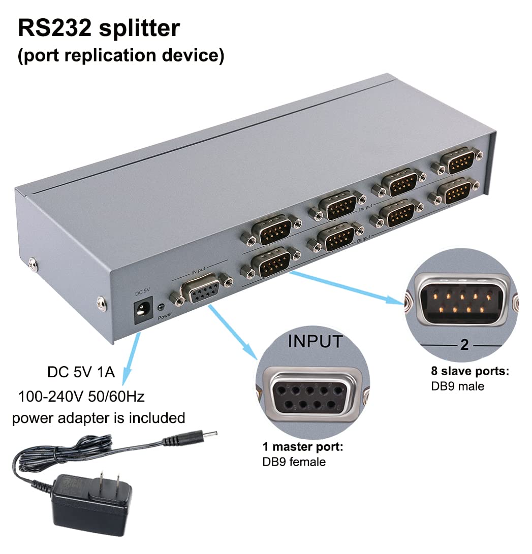DTech Serial Splitter 8 Port Industrial RS232 Expander COM Port Switch Box with Power Adapter for Sharing PCs and Capture Data - 1x8
