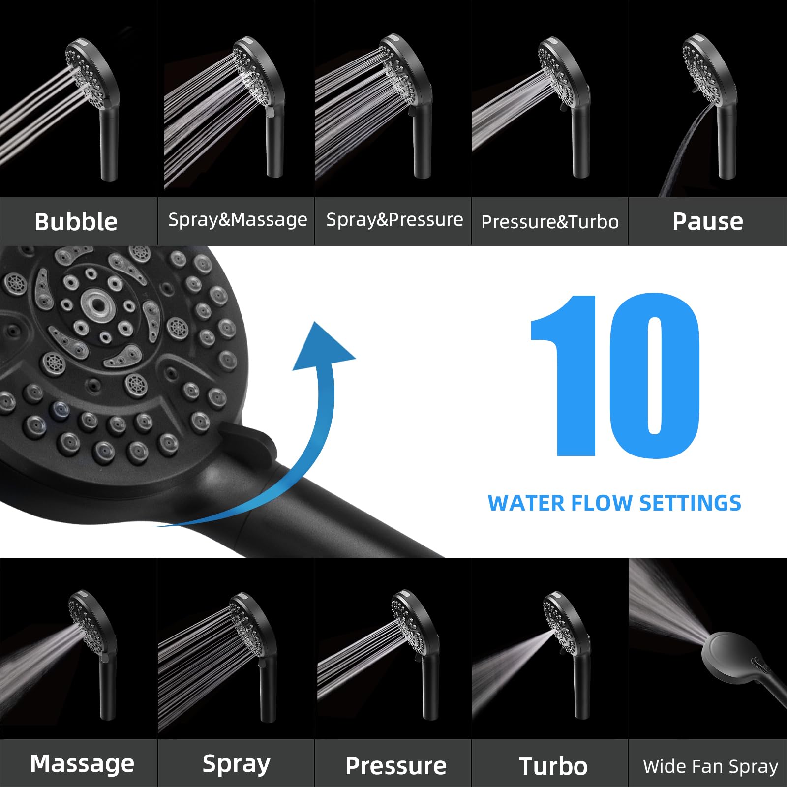 CABONG High Pressure Handheld Showerheads 4.7" Large, 70" SS Hose 10-Mode Portable Detachable Shower Head with Hard Water Filter for Bathroom, Anti-clog & Powerful to Clean Tile & Pets,Matte Black