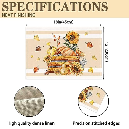 Fall Placemats Set of 6, Autumn Thanksgiving Fall Pumpkin Leaves Plaid Burlap Placemats 12 X 18 Inch Kitchen Dining Table Decor, Rustic Sunflower Fall Decorations for Home Rectangle Placemats