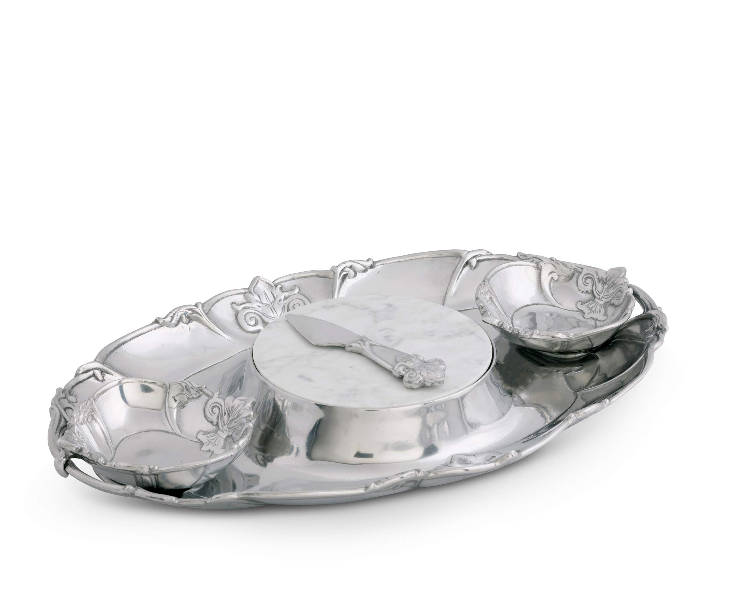Arthur Court Designs Aluminum Fleur-De-Lis 5-Piece Entertainment Cheese Chip and Dip - Two Bowls, Spreader, Marble, Tray 20 inch x 13 inch