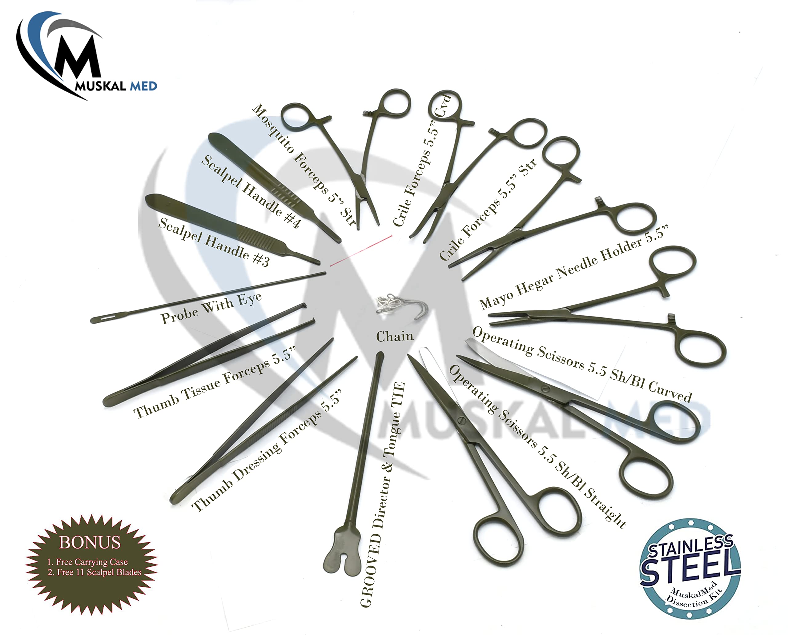MuskalMed Advanced Dissection Kit - 24 Pieces Total. High Grade Stainless Steel Instruments Perfect for Anatomy, Biology, Botany, Veterinary and Medical Students 11 Bonus Scalpel MLT-03
