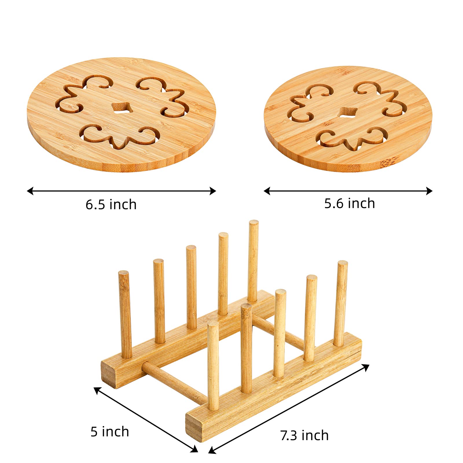 AVLA 6 Pack Natural Bamboo Trivet Mat Set, Heat Resistant Pads with Dish Rack, Kitchen Wood Non-Slip Coaster, Durable Anti-Hot Trivet Stand Mat Set for Hot Dishes, Bowl, Teapot, Hot Pot Holders