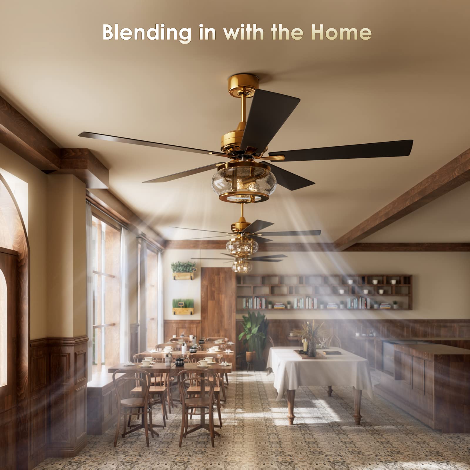 ADIUIVE Ceiling Fan with Lights, 60 Inch, 5-Blade, Low Profile, Brass Finish, Black & Golden, Farmhouse Style, Indoor Outdoor, Remote Control, LED Light, Ceiling Mount