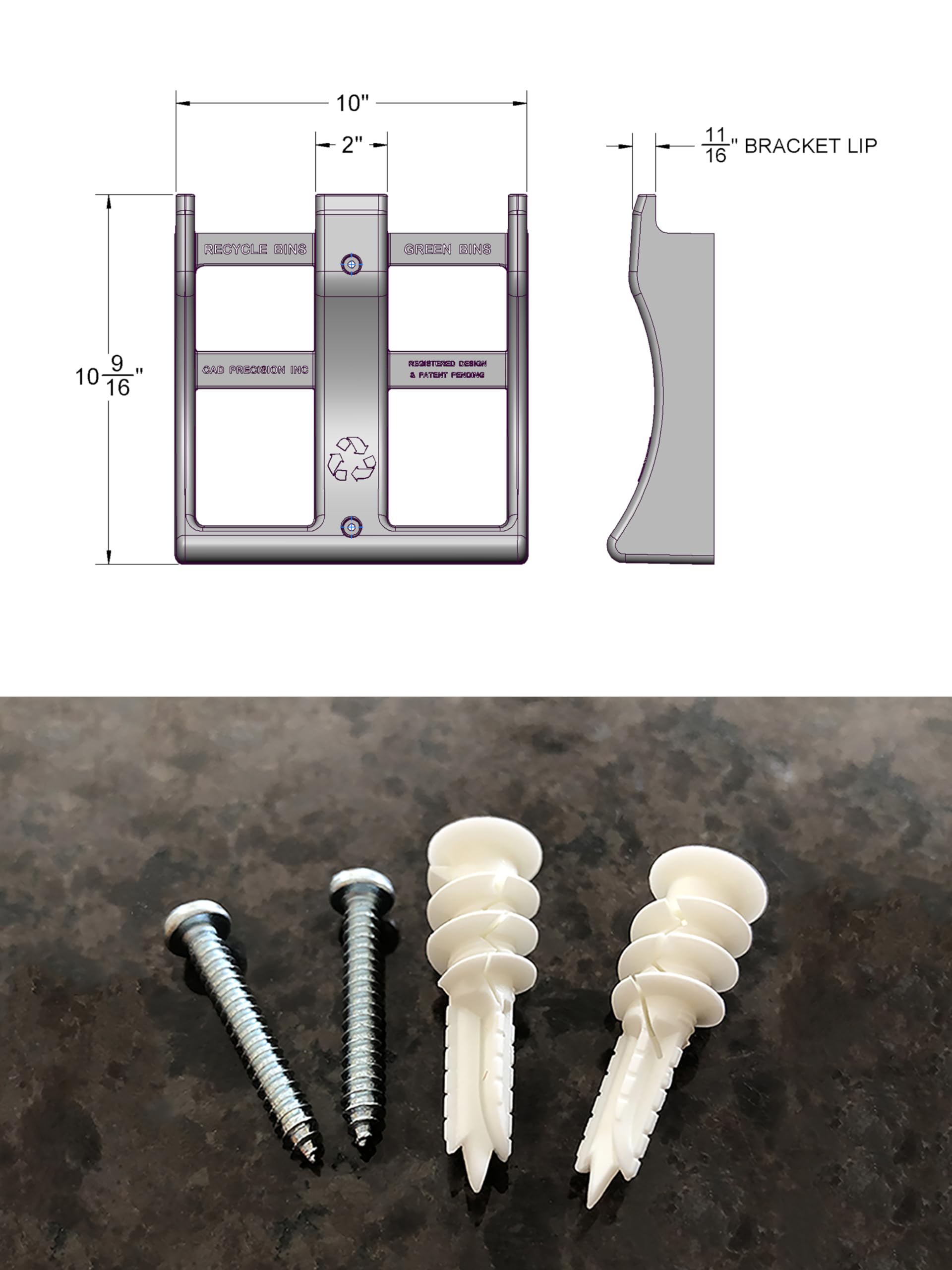 CAD Precision Inc. Recycle/Compost Bin Hanging Bracket, the EZ bin brac (for WIDE lip bins) - see details