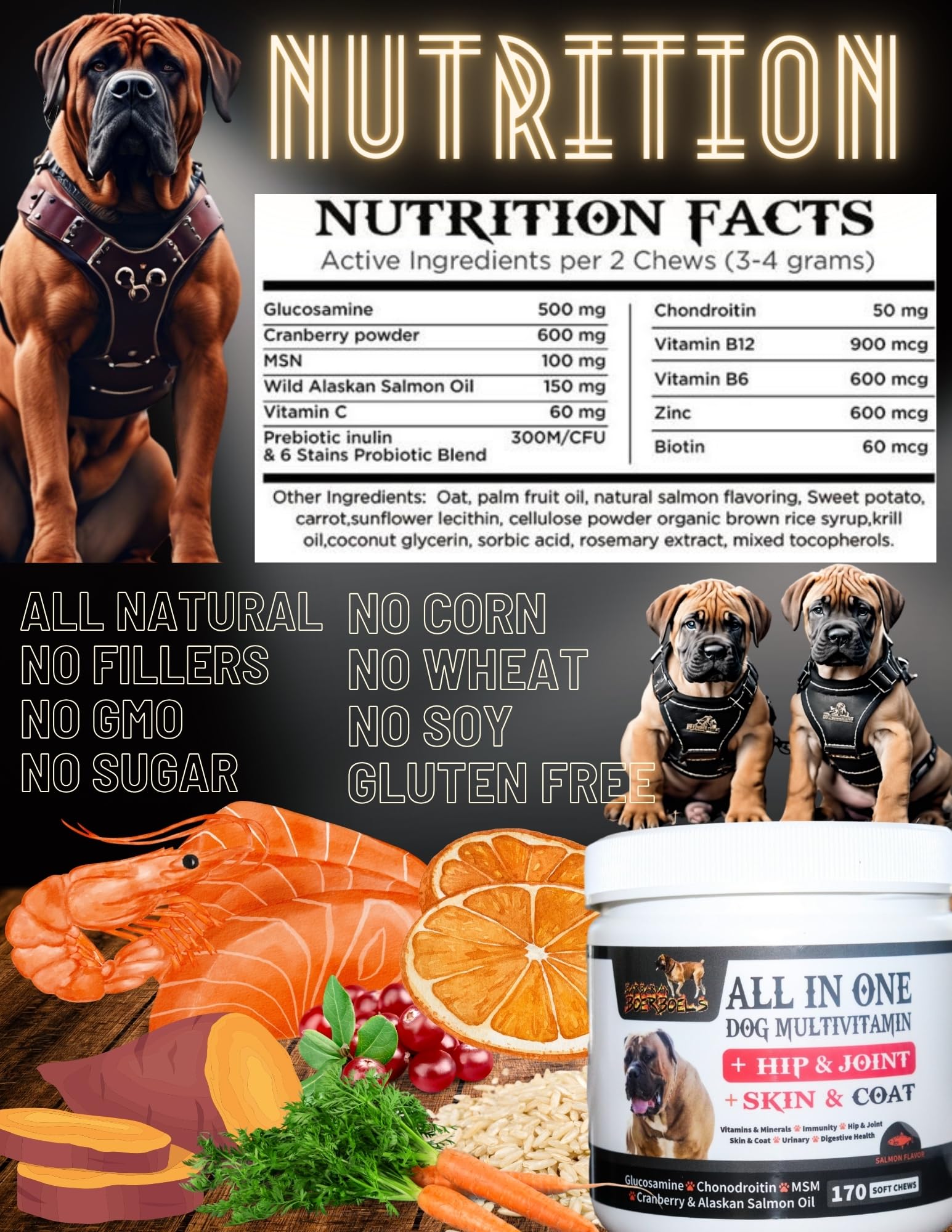Barbarian Boerboels All in One Dog Multivitamin for Hip and Joint, Skin and Coat, 170 Count.