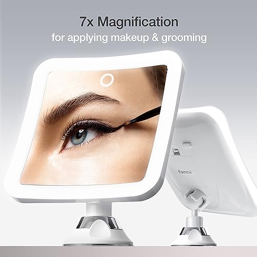 Fancii 7x LED Lighted Magnifying Makeup Mirror with Strong Suction - 6.5" wide, Natural Daylight, Cordless Portable Vanity Mirror with Lights (Square) - Mira 7
